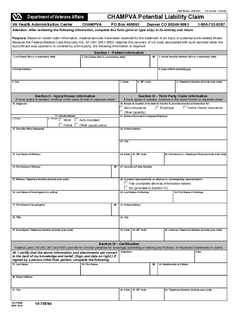 Fillable Online VA Form 10 7959d Potential Liability Claim Form Fax ...