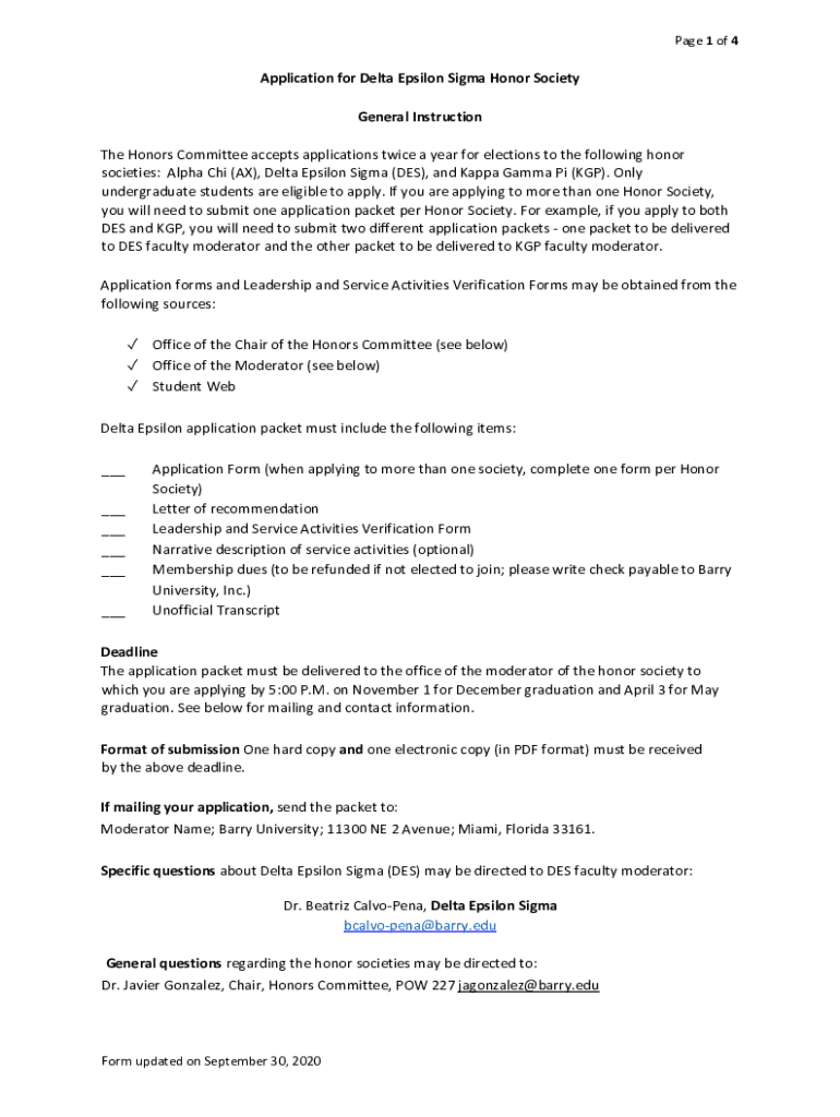 Fillable Online Application for Delta Epsilon Sigma Honor Society Fax ...