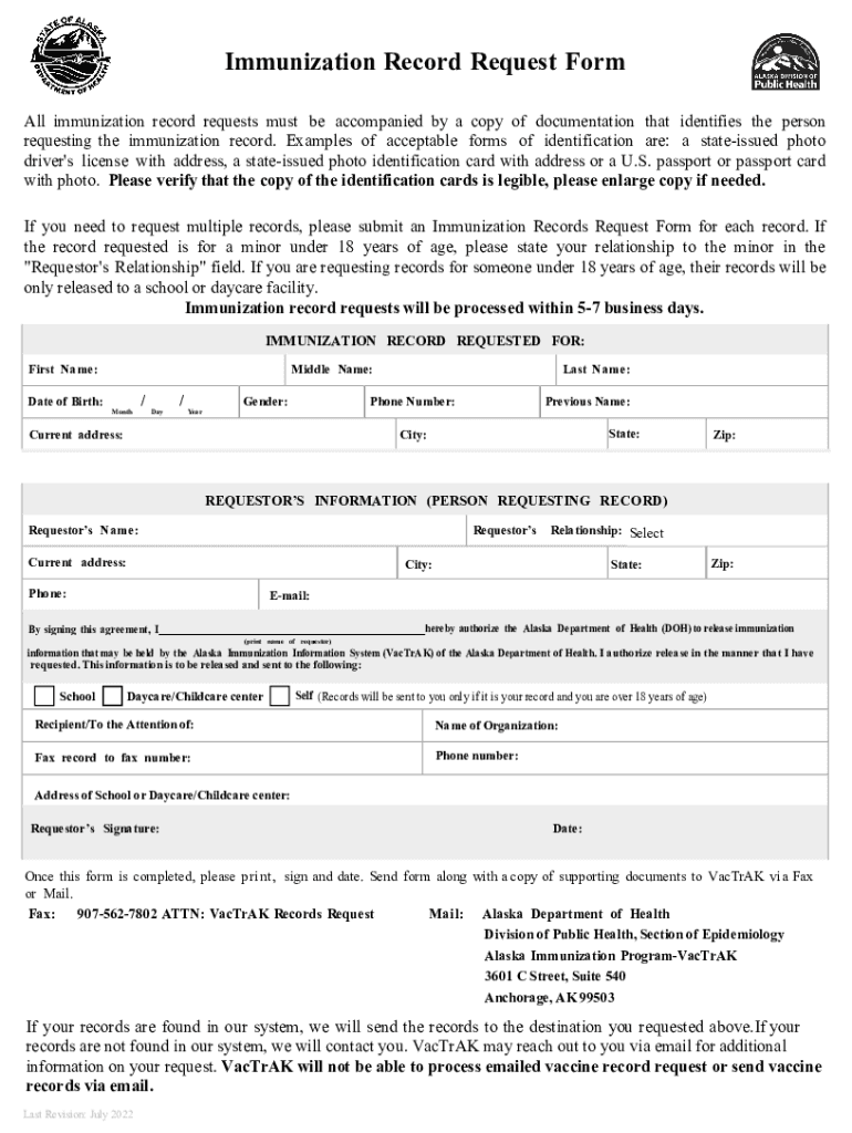 Fillable Online Immunization Record Request Form. immunization record request Fax Email Print ...