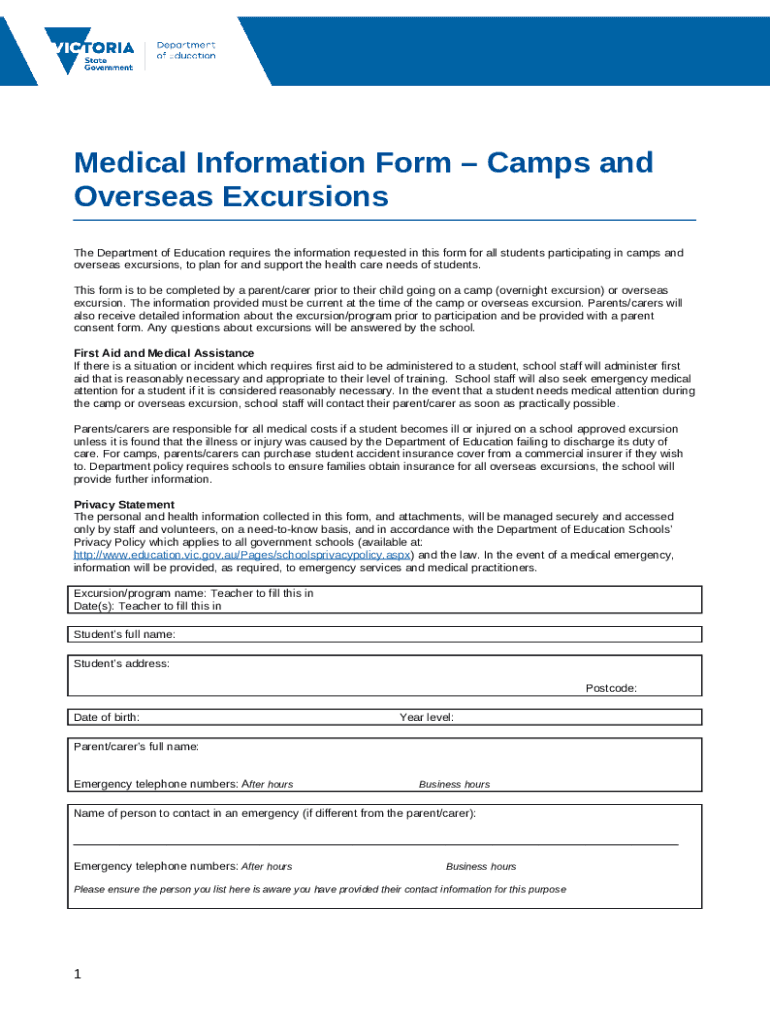 Medical Ination Camps and Overseas Excursions Doc Template | pdfFiller