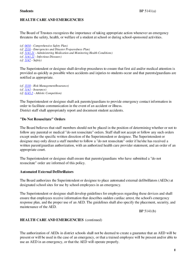 Fillable Online BP 5141(a) Students Health Care and Emergencies Fax Email Print - pdfFiller