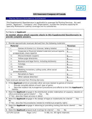 Printing Services Supplemental Questionnaire Doc Template | pdfFiller