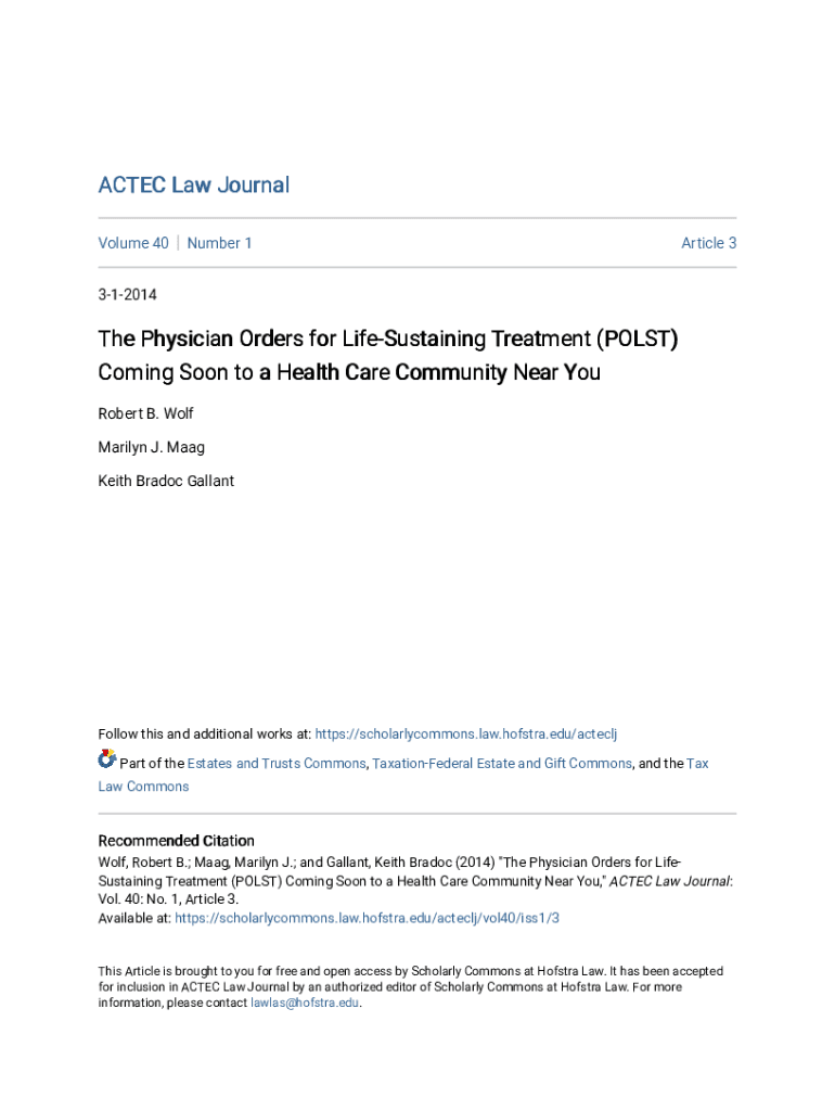 Fillable Online scholarlycommons law hofstra "The Physician Orders for ...