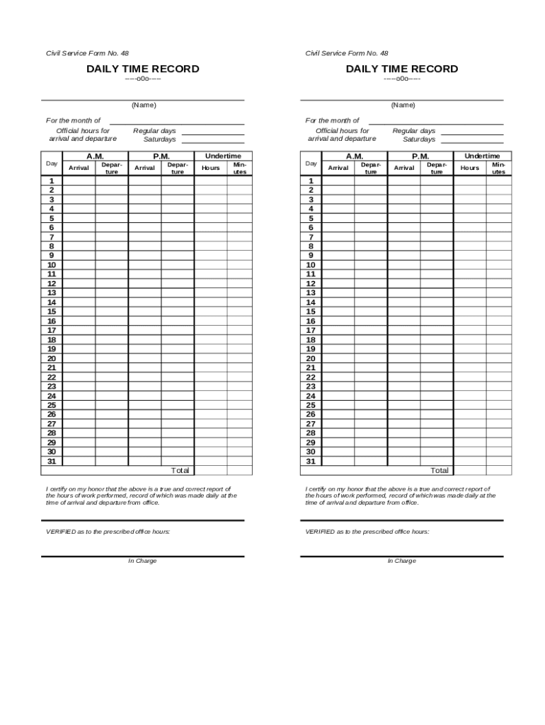 Dtr - Daily Time Record - Civil Service No. 48 ... Doc Template | pdfFiller