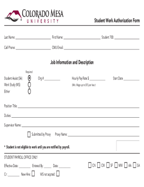 Fillable Online Job Information and Description Student Work ...