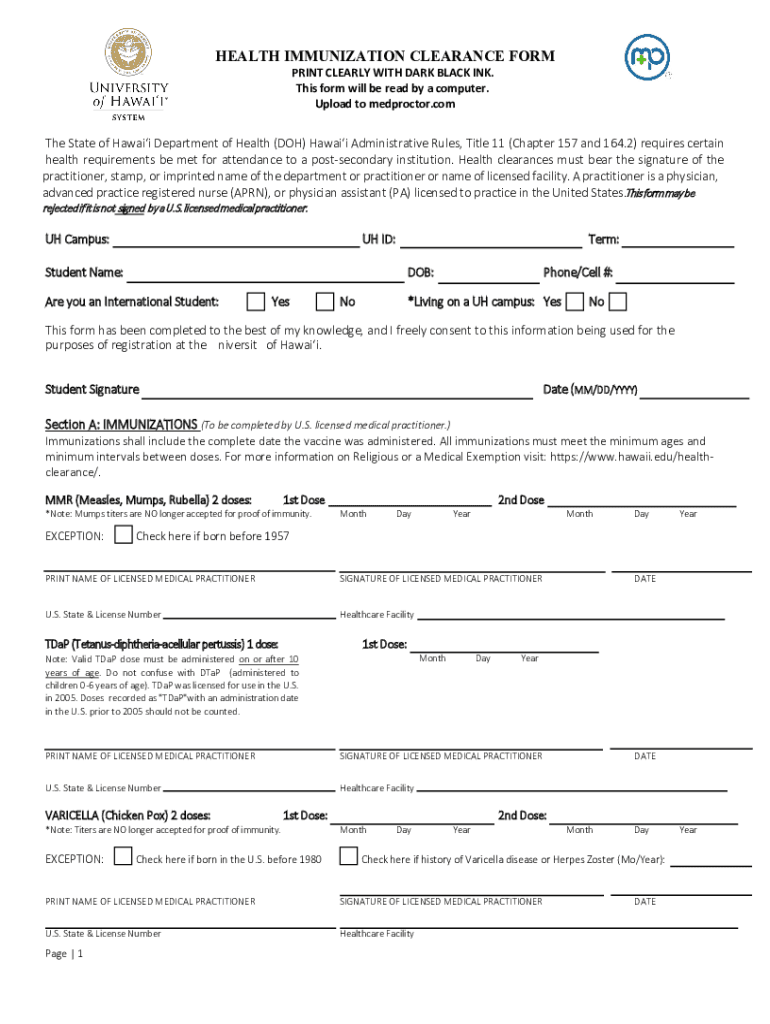 Fillable Online UH System Health Clearance Form Fax Email Print - pdfFiller