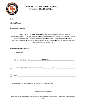 Fillable Online bethel park high school - student excuse form Fax Email ...