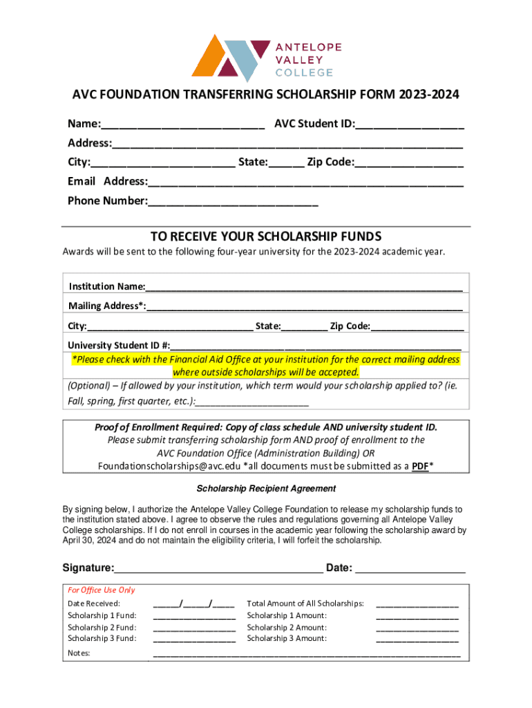 Fillable Online AVC FOUNDATION TRANSFERRING SCHOLARSHIP FORM 2023-2024 Fax Email Print - pdfFiller