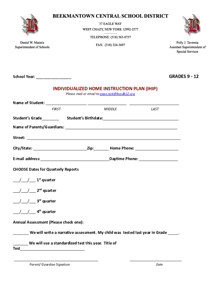 Fillable Online Individualized Home Instruction Plan (IHIP) Grades 9-12 ...