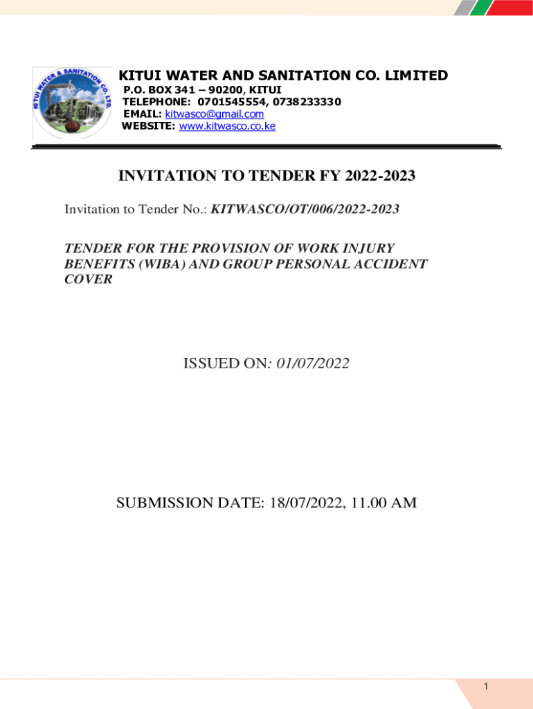 Fillable Online INVITATION TO TENDER FY 2022-2023 ISSUED ON: 01/07/2022 ...