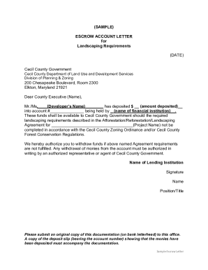 Fillable Online (SAMPLE) ESCROW ACCOUNT LETTER for Landscaping ... Fax ...
