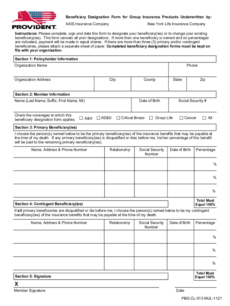 Fillable Online Beneficiary Designation Form for Group Insurance ...