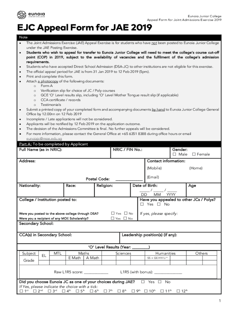 Fillable Online Joint Admissions Exercise (JAE): Appeal - Singapore Fax ...