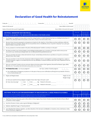 Fillable Online Health Declaration & Policy Reinstatement Form Fax ...