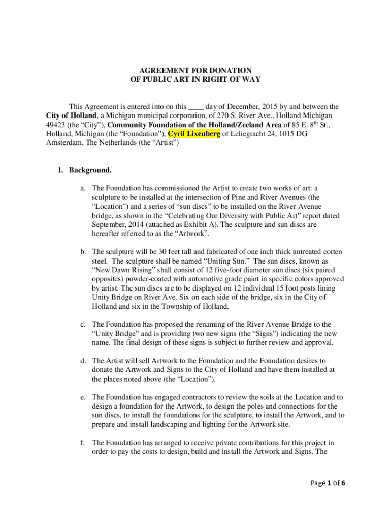 Fillable Online cityofholland civicweb AGREEMENT FOR DONATION OF PUBLIC ART IN RIGHT OF WAY ...