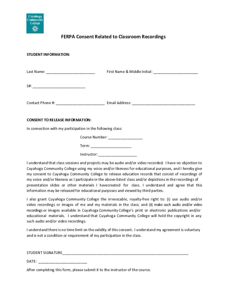 Fillable Online FERPA Consent Related to Classroom Recordings Fax Email ...