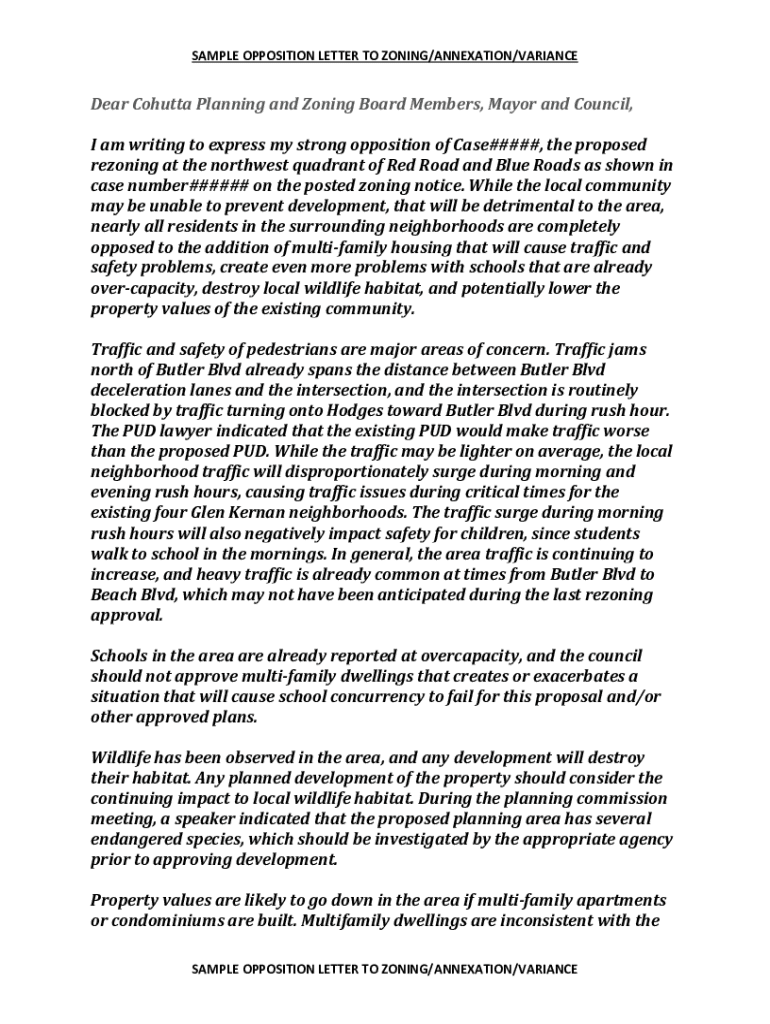Fillable Online sample opposition letter to zoning/annexation/variance ...