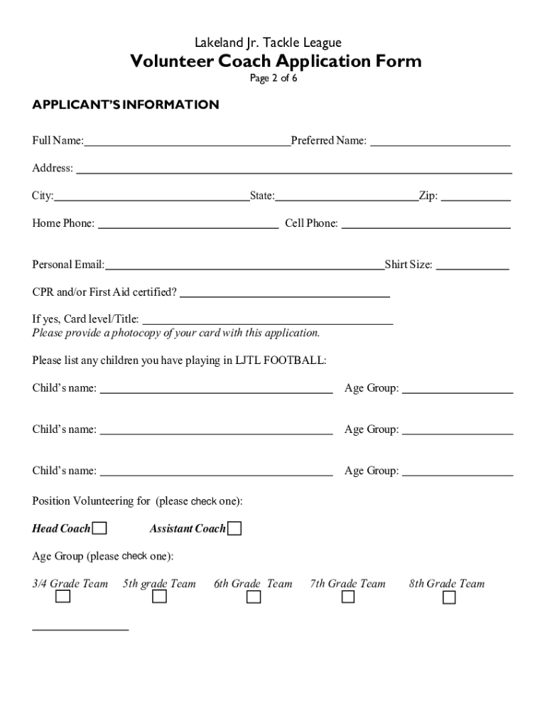 Fillable Online Coaching Application - Lakeland Junior Tackle Football Fax Email Print - pdfFiller