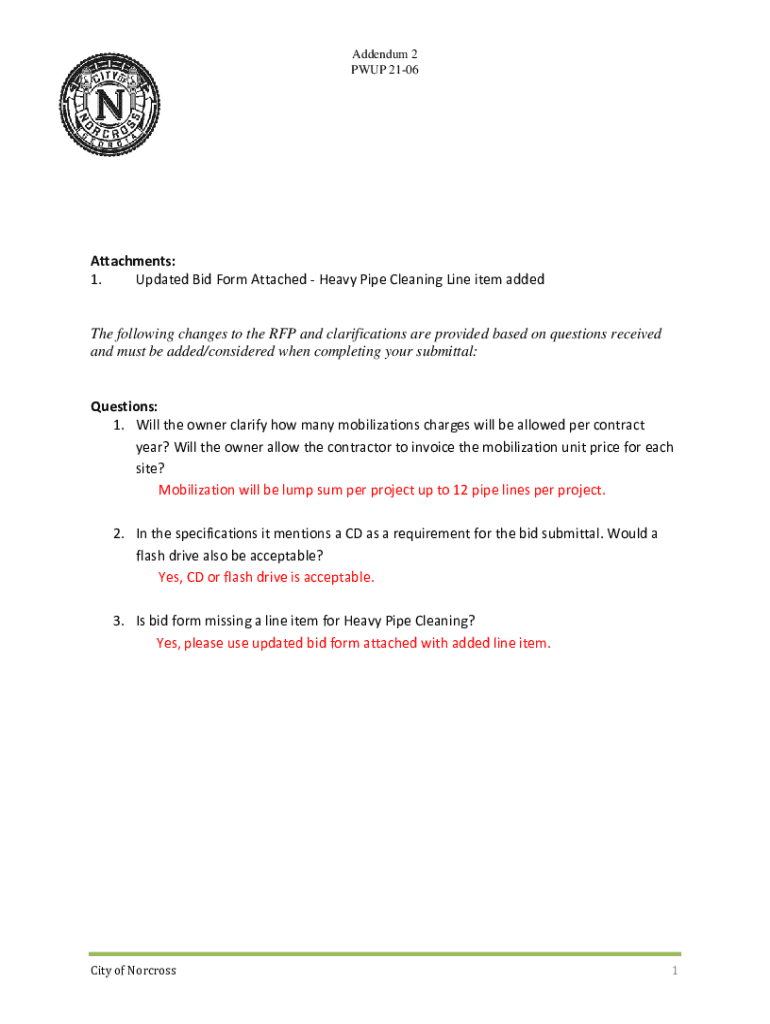 Fillable Online 1. Updated Bid Form Attached - Heavy Pipe Cleaning Line ...
