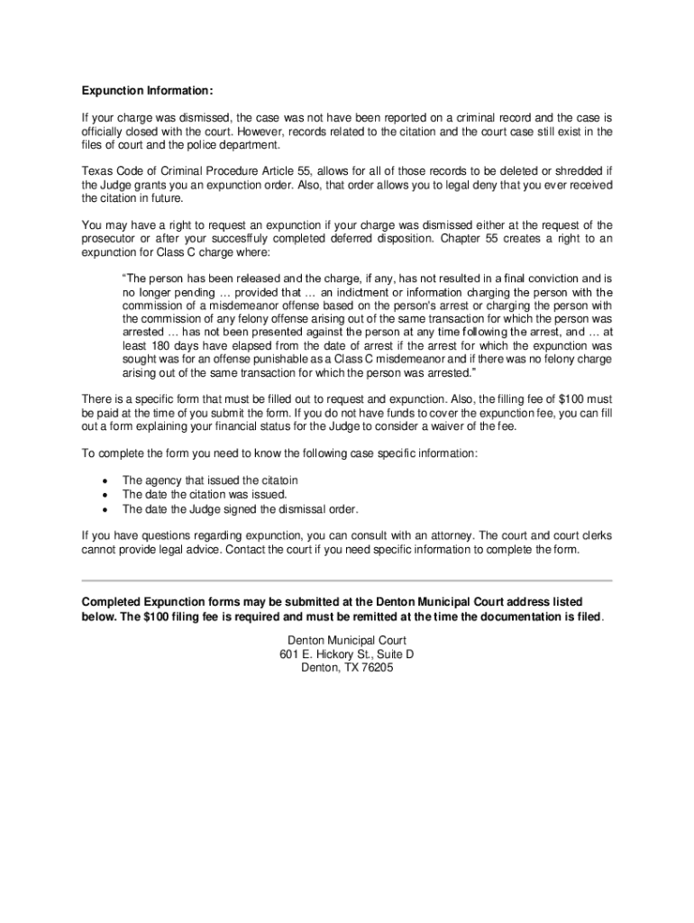 Fillable Online Expunction Information: If your charge was dismissed ...