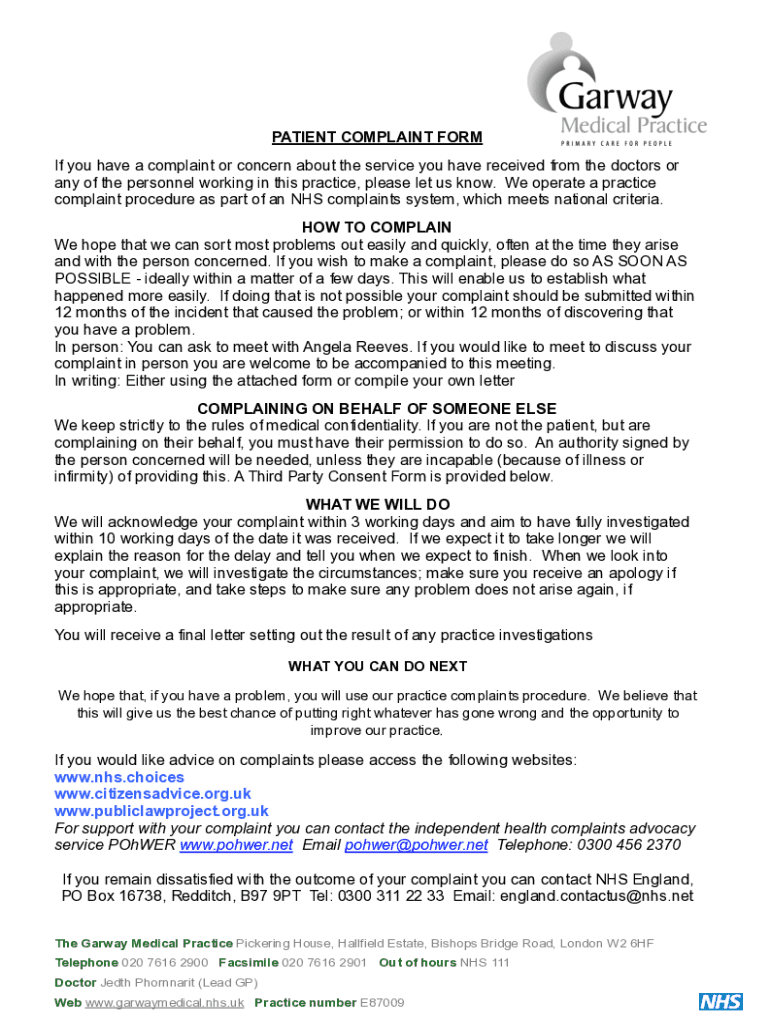 Fillable Online patient complaint form Fax Email Print - pdfFiller