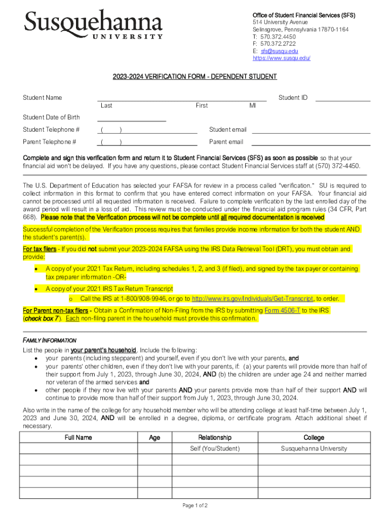Fillable Online 2023-2024 VERIFICATION FORM - DEPENDENT STUDENT ... Fax Email Print - pdfFiller