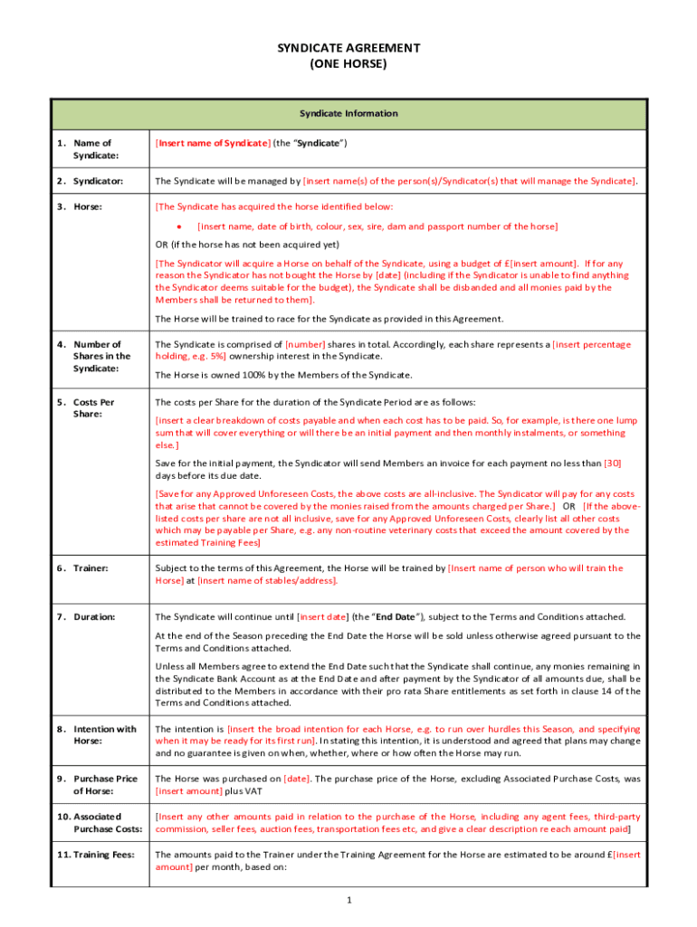 Fillable Online syndicate agreement (one horse) Fax Email Print - pdfFiller