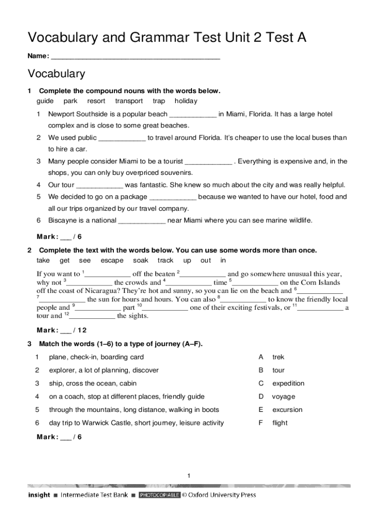 Fillable Online Vocabulary and Grammar Test Unit 2 Test A Fax Email ...