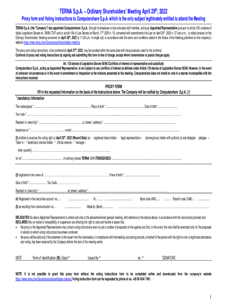 Fillable Online download terna A2A S.p.A.: Form for issuing the proxy to the Designated ... Fax ...