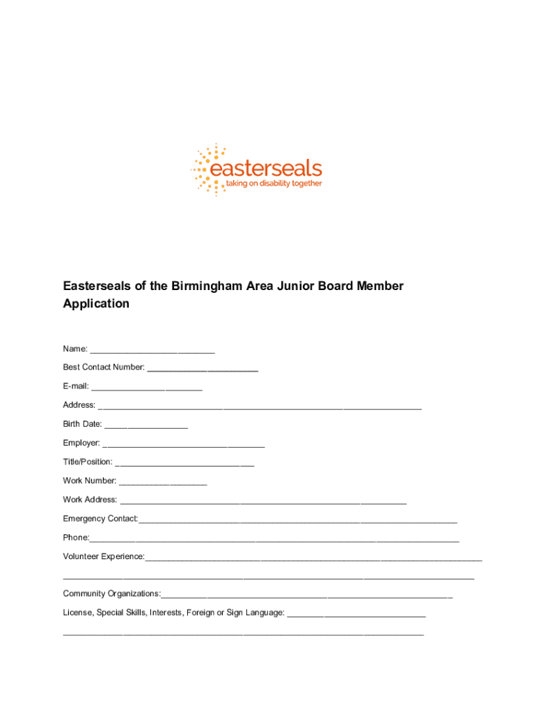 Fillable Online Easterseals of the Birmingham Area Junior Board Member Application Fax Email ...
