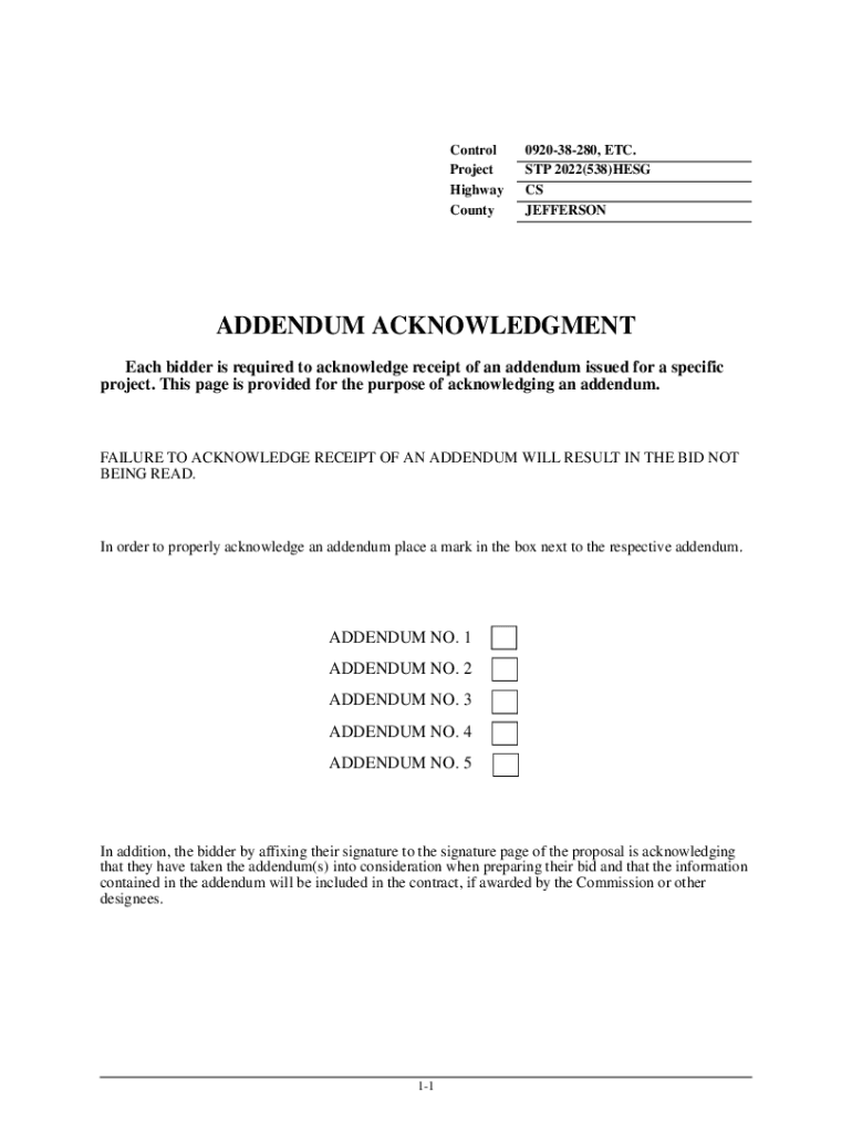 Fillable Online ftp dot state tx ACKNOWLEDGE RECEIPT OF ADDENDUM ON BID ... Fax Email Print ...