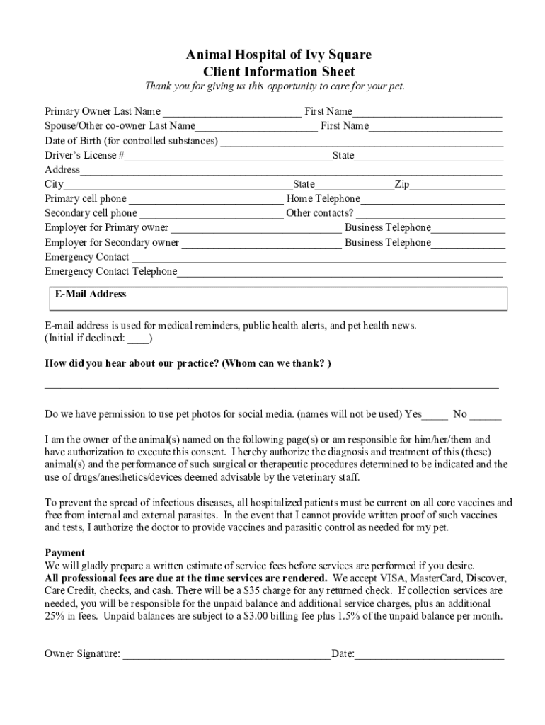 Fillable Online Animal Hospital of Ivy Square Client Information Sheet ...