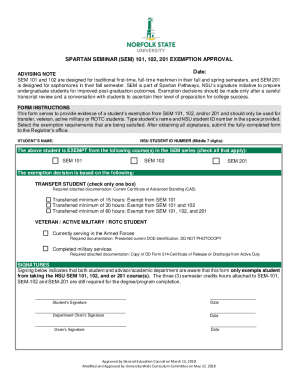 Fillable Online Spartan Seminar (SEM) 101, 102, 201 Exemption Approval ...