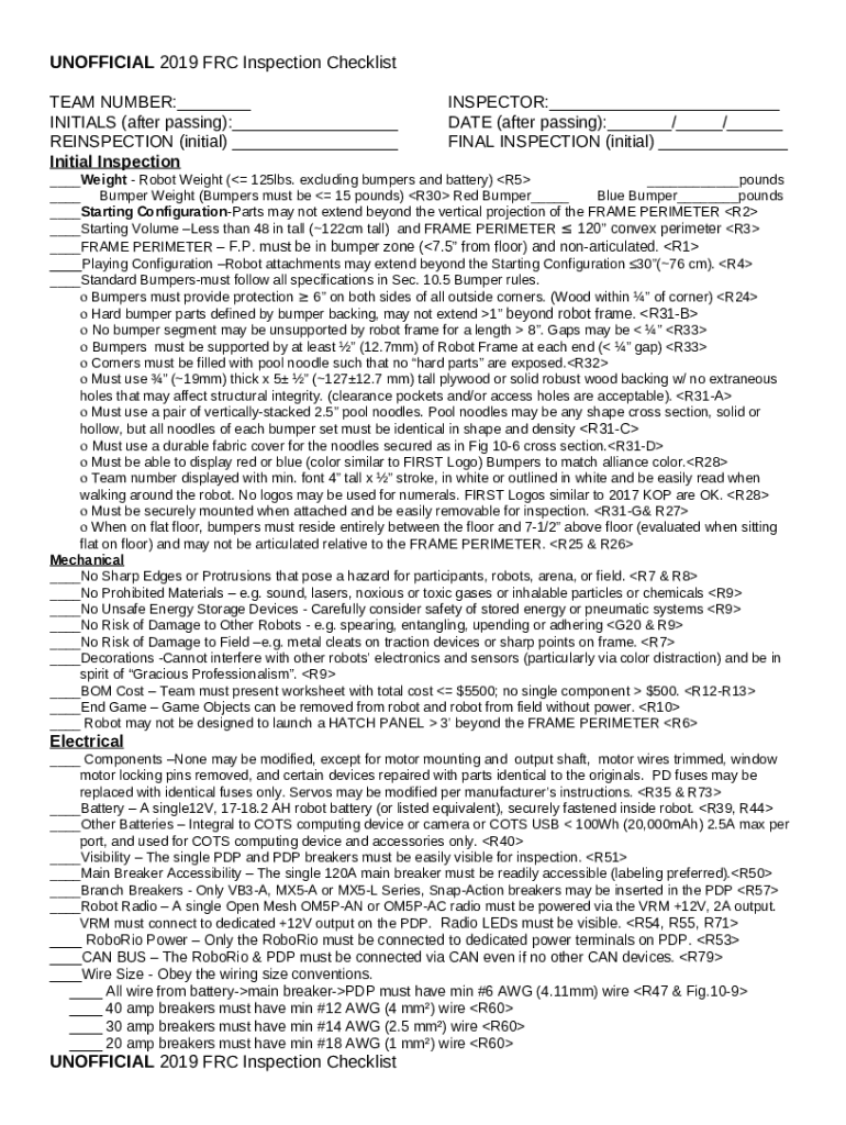 Robot Inspection Checklist - FIRSTInspires.org Doc Template | pdfFiller