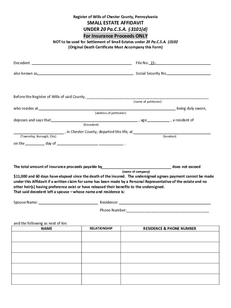 Fillable Online Pennsylvania Small Estate Affidavit 203101 (a)(b)(c)(d ...