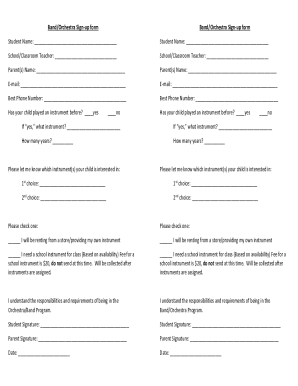 Fillable Online Band/Orchestra Sign-up form Student Name: School ...