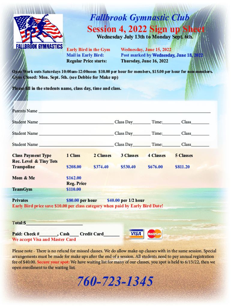 Fillable Online Fallbrook Gymnastic Club - Session 4, 2022 Sign up ...