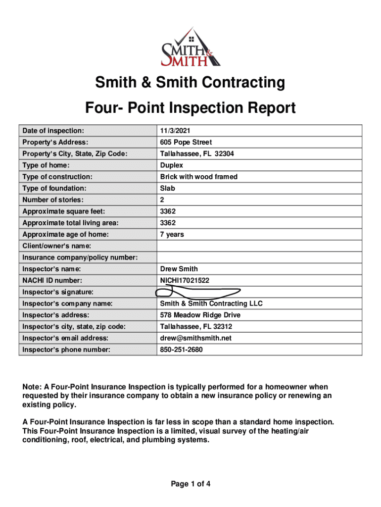 Fillable Online Smith & Smith Contracting Four- Point Inspection Report ...
