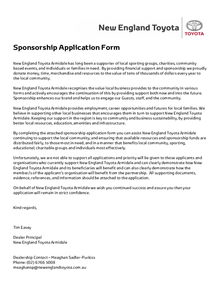 Fillable Online Sponsorship Application Form - New England Toyota - Armidale Fax Email Print ...
