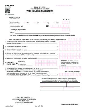 Fillable Online Form HW-14 Rev 2022 Withholding Tax Return. Forms 2022 ...