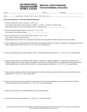 Fillable Online arc sdsu Returning Athlete Screening Form Fax Email ...
