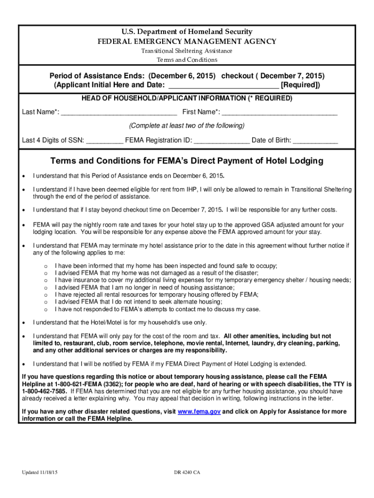 Fillable Online Terms and Conditions for FEMA's Direct Payment of Hotel ...