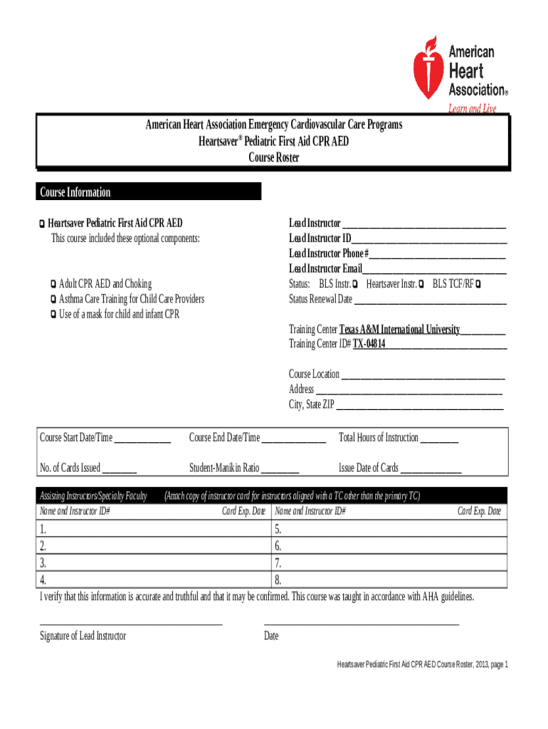 Heartsaver Pediatric First Aid CPR AEDLead Instructor Doc Template ...