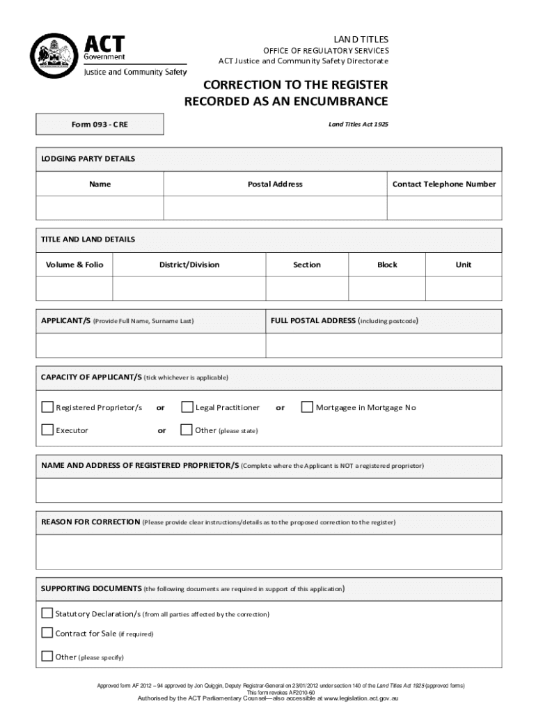 Fillable Online correction to the register recorded as an encumbrance Fax Email Print - pdfFiller