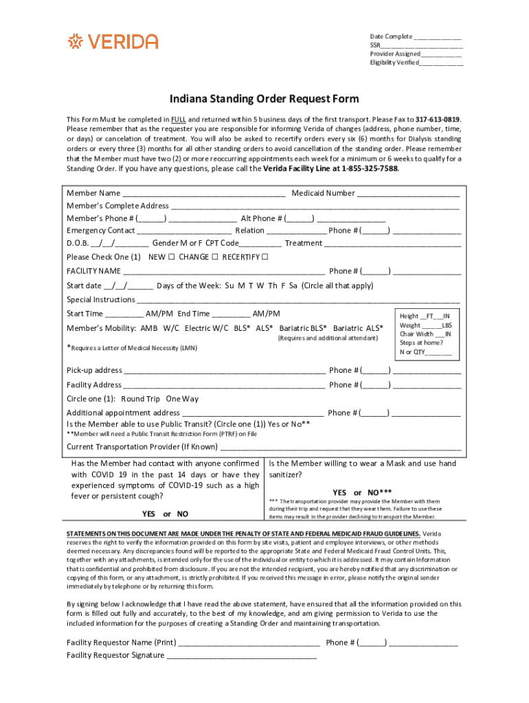 Fillable Online Indiana Standing Order Request Form - Southeastrans.com ...
