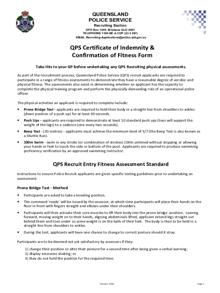 Fillable Online QPS Certificate of Indemnity & Confirmation of Fitness ...