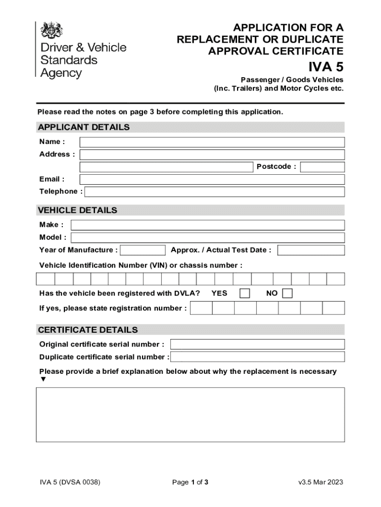 Fillable Online APPLICATION FOR A REPLACEMENT OR DUPLICATE APPROVAL CERTIFICATE IVA5. APPLYING ...