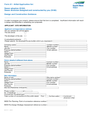 Fillable Online Form A1 - Initial Application for: Sewer adoption (S104 ...