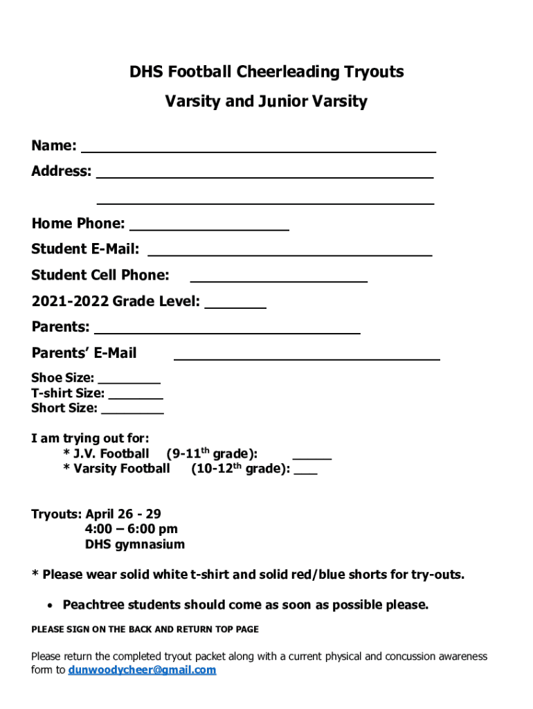 Fillable Online DHS Football Cheerleading Tryouts Varsity and Junior ...