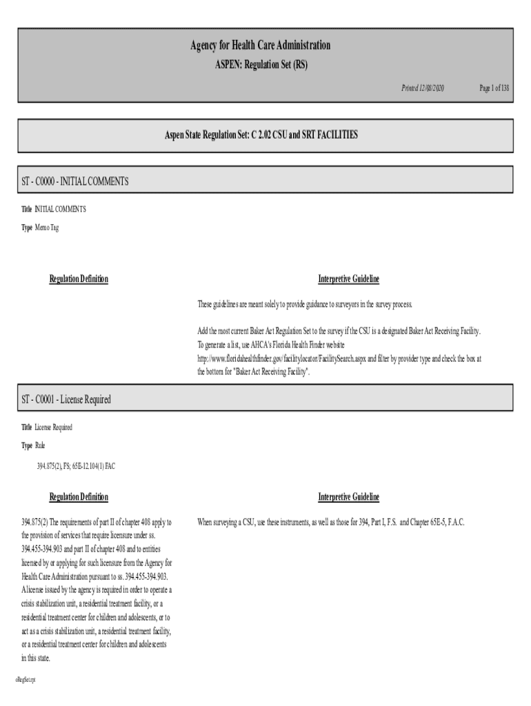 Fillable Online CSU and SRT Facilities - Agency for Health Care ...